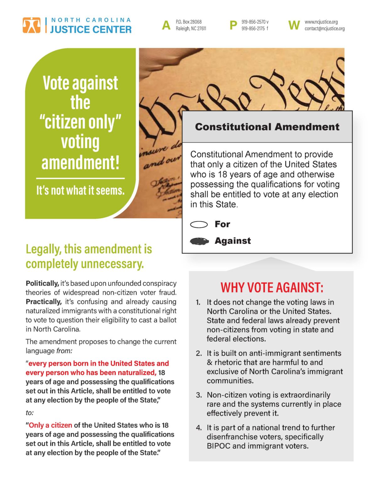 Factsheet: “Citizen Only” Voting Amendment – North Carolina Justice Center